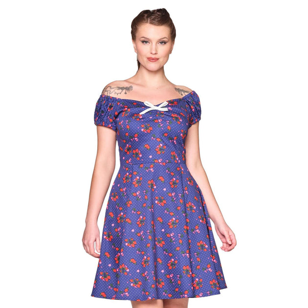 Collectif Dolores 50s Mixed Berries Navy Blue Mini Dress – Cherry Red ...