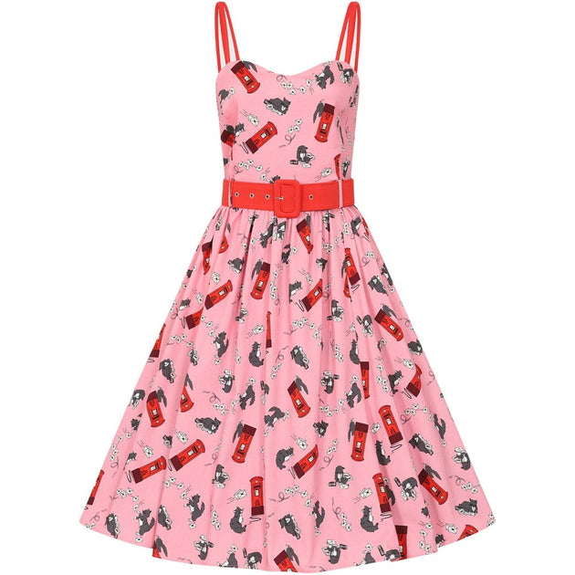 Collectif 50s Jade Postie the Cat Pink Flared Dress – Cherry Red Vintage