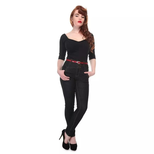 Collectif Rebel Kate Skinny 50s High Waisted Black Denim Jeans – Cherry ...