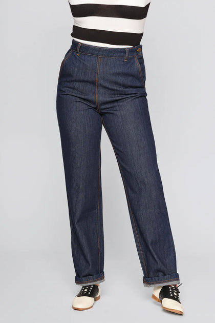 Collectif 40s Estella High Waisted Navy Blue Denim Jeans – Cherry Red ...
