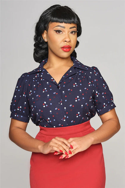 Collectif 40s Style Luana Chalk Navy Blue Polka Chiffon Blouse – Cherry ...