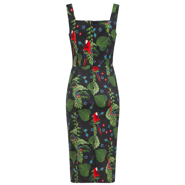 Collectif 50s Anita Parrot Paradise Pencil Dress – Cherry Red Vintage