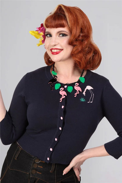Collectif 50s Atomic Style Lucy Flamingo Palm Navy Blue Cardigan ...