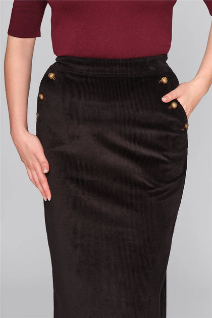 Collectif 50s Jilka Black Corduroy Pencil Skirt – Cherry Red Vintage