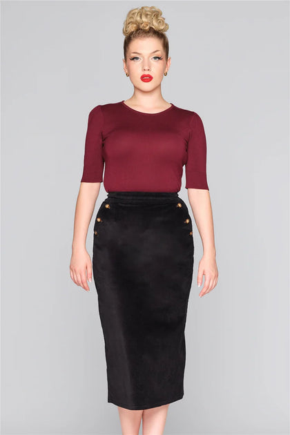 Collectif 50s Jilka Black Corduroy Pencil Skirt – Cherry Red Vintage