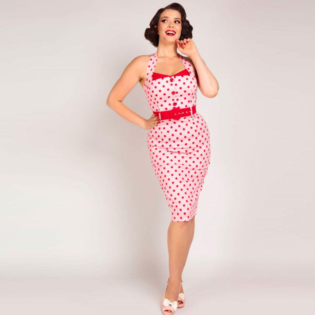 Collectif 50s Wanda Vintage Pink Polka Dot Pencil Dress – Cherry Red ...