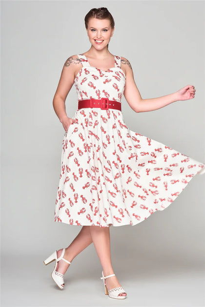 Collectif 50s White Emmie Rock Lobster Flared Dress – Cherry Red Vintage