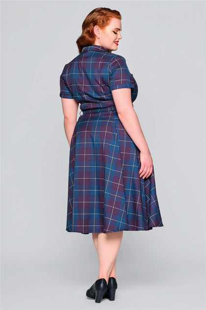 Collectif Caterina 40s Blue Purple Mermaid Check Swing Dress – Cherry ...