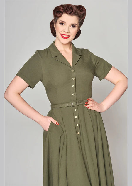 Collectif Caterina 40s Olive Green Swing Dress – Cherry Red Vintage