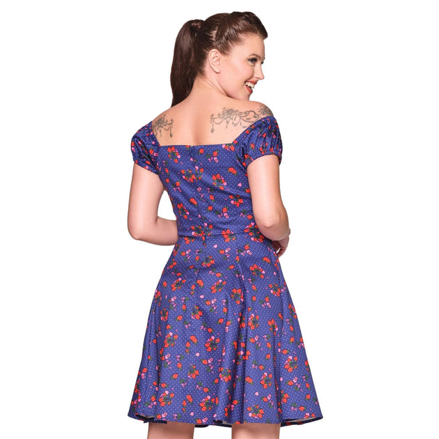 Collectif Dolores 50s Mixed Berries Navy Blue Mini Dress – Cherry Red ...