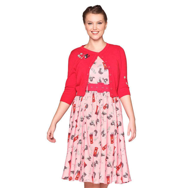 Collectif 50s Jade Postie the Cat Pink Flared Dress – Cherry Red Vintage