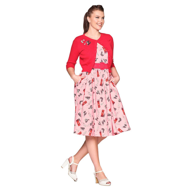 Collectif 50s Jade Postie the Cat Pink Flared Dress – Cherry Red Vintage