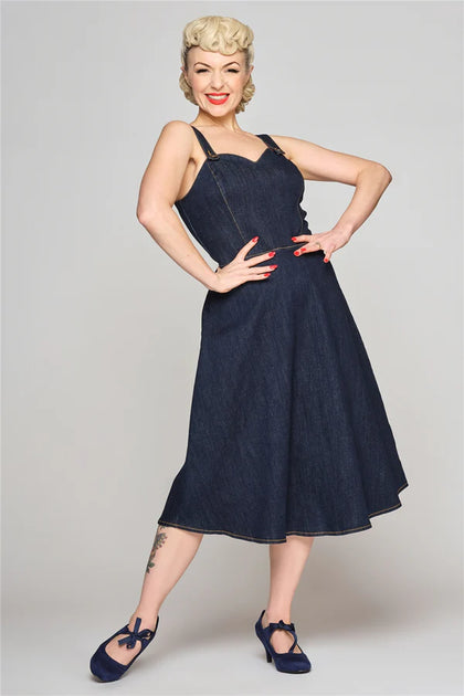 Collectif Jupiter 50s Navy Blue Denim Pinafore Dress – Cherry Red Vintage