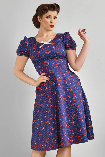 Collectif Leanne 50s Mixed Berries Navy Blue Swing Dress – Cherry Red ...