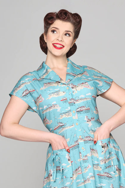 Collectif Liza 40s 50s Blue Brighton Postcard Swing Dress – Cherry Red ...