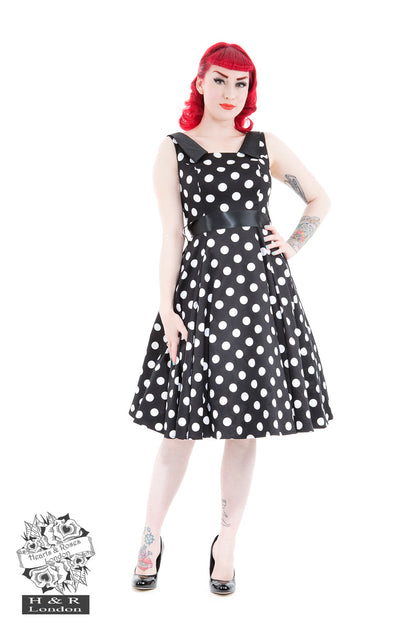 Hearts & Roses Black Playful Polka Dot Hepburn Swing Dress – Cherry Red ...