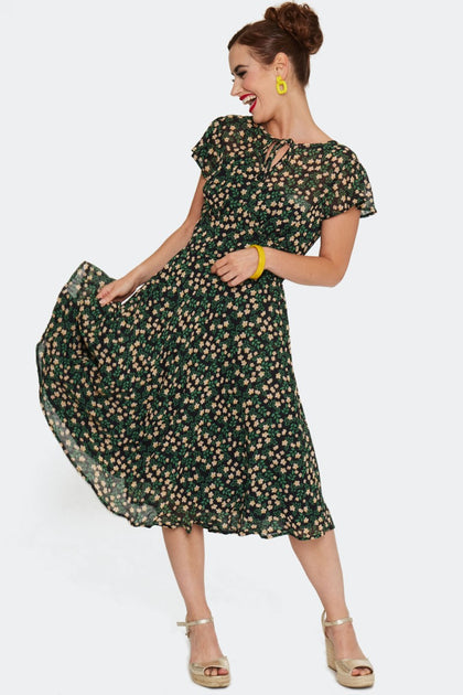 Voodoo Vixen 40's Green Floral Print Flared Dress – Cherry Red Vintage