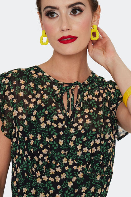 Voodoo Vixen 40's Green Floral Print Flared Dress – Cherry Red Vintage