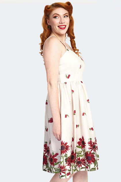 Voodoo Vixen 50's Cherry Sunflower Print White Flared Dress – Cherry ...