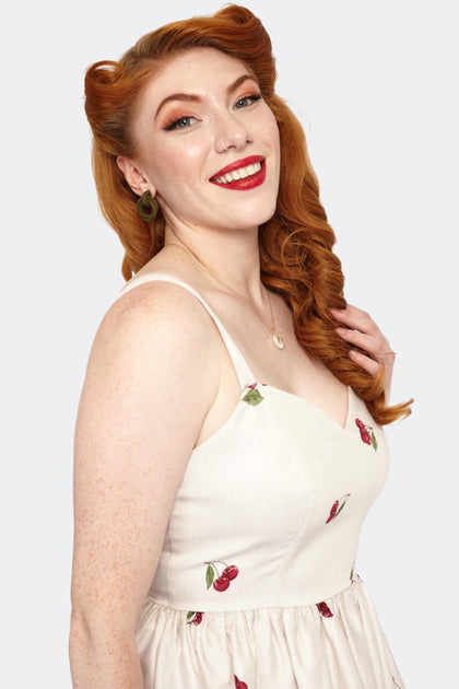 Voodoo Vixen 50's Cherry Sunflower Print White Flared Dress – Cherry ...
