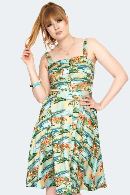 Voodoo Vixen 50's Riviera Tiki Print Flared Dress – Cherry Red Vintage