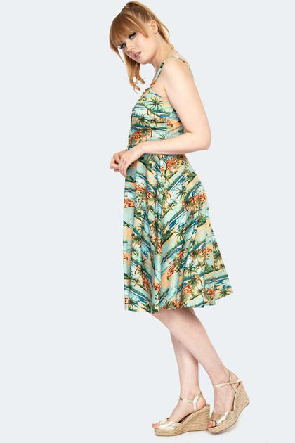 Voodoo Vixen 50's Riviera Tiki Print Flared Dress – Cherry Red Vintage