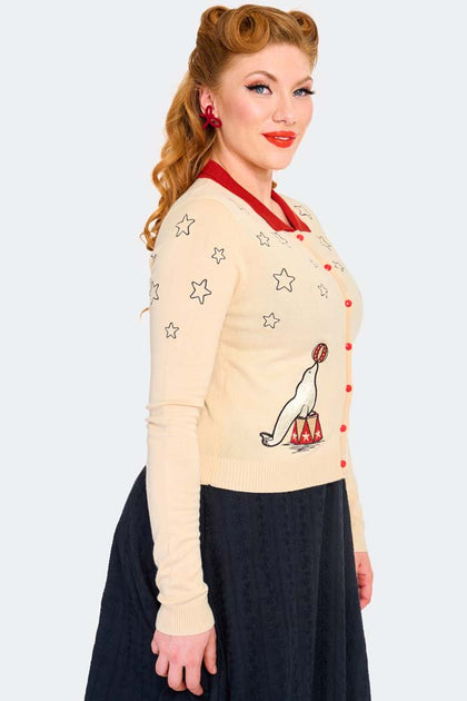 Voodoo Vixen Circus Embroidered Cream Cardigan – Cherry Red Vintage