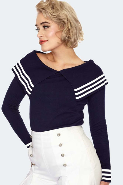 Voodoo Vixen Nautical Navy Blue Stripe Collar Jumper – Cherry Red Vintage
