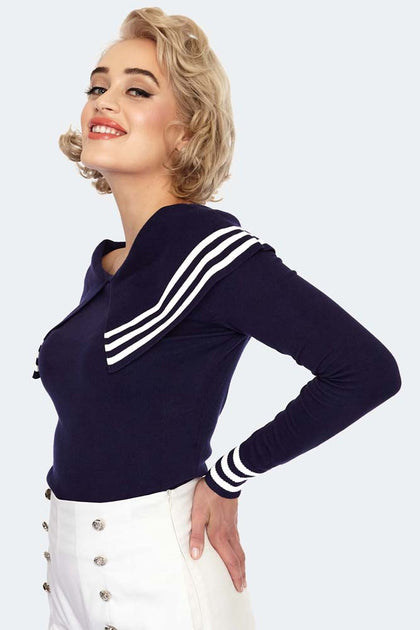 Voodoo Vixen Nautical Navy Blue Stripe Collar Jumper – Cherry Red Vintage