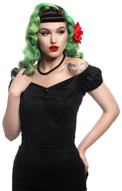 Collectif Dolores 1950s Vintage Style Black Gypsy Top – Cherry Red Vintage
