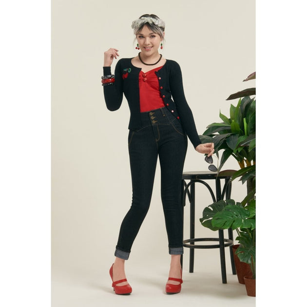 Collectif Rebel Kate Skinny 50s High Waisted Black Denim Jeans – Cherry ...