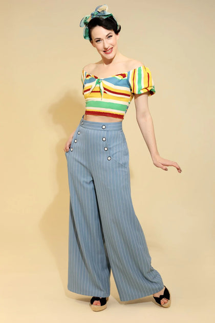 Hell Bunny 30s 40s Caspian Blue Stripe Swing Trousers – Cherry Red Vintage